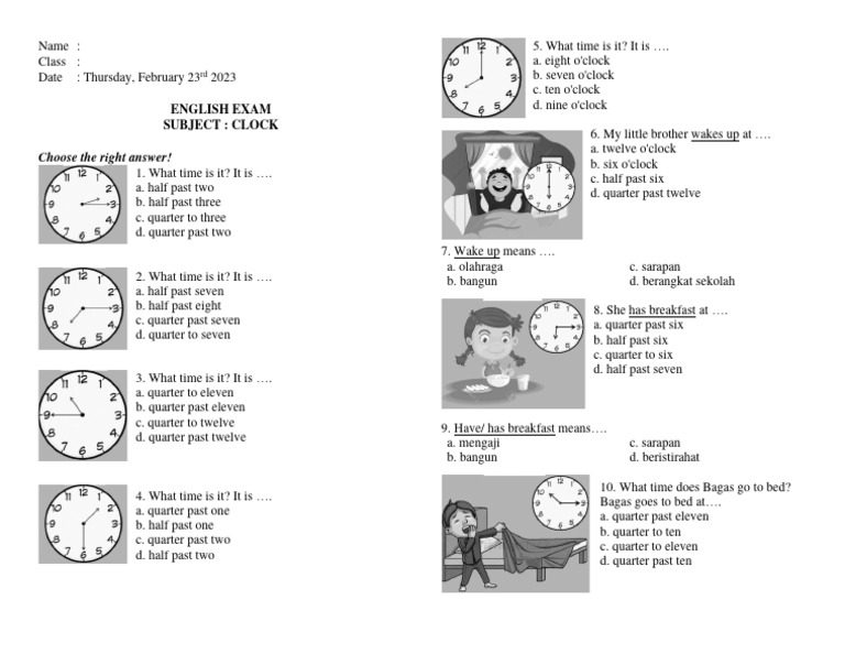 Soal Bahasa Inggris Telling Time | PDF