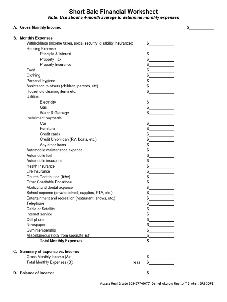 Short Sale Financial Worksheet | PDF | Expense | Insurance