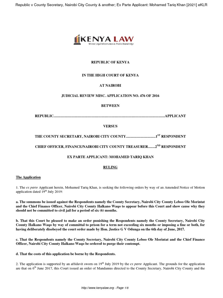 18.11. Republic V County Secretary, Nairobi City County and Another ...