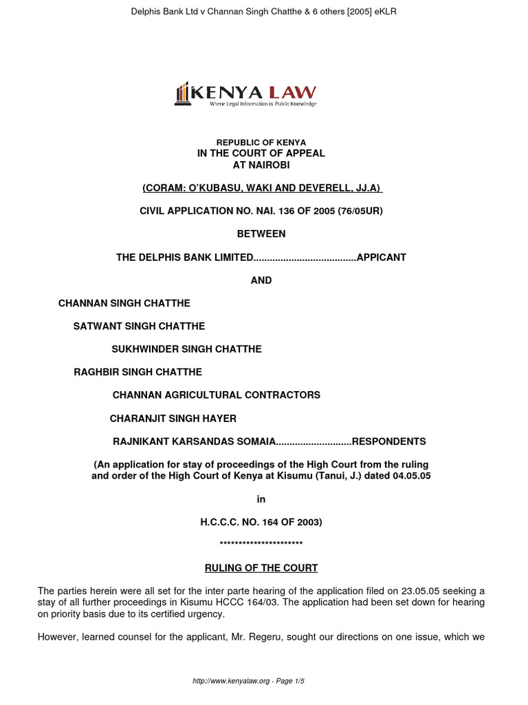 8.4. Delphis Bank LTD V Channan Singh Chatthe & 6 Others (2005) EKLR | PDF | Lawsuit | Judiciaries