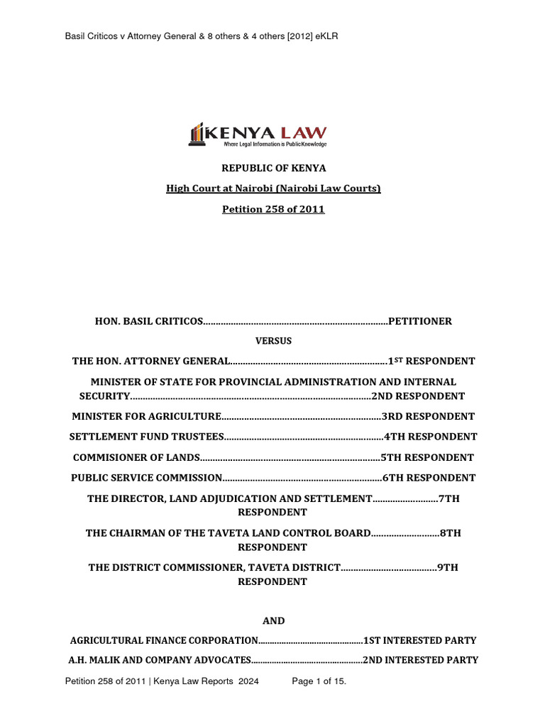 18.3. Basil Criticos V Attorney General & 8 Others & 4 Others (2012) EKLR | PDF | Royal Assent ...