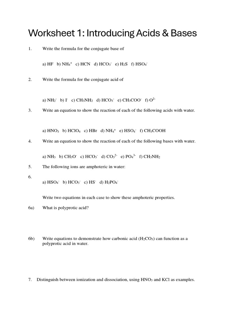 Acids and Bases Worksheet Guide | PDF