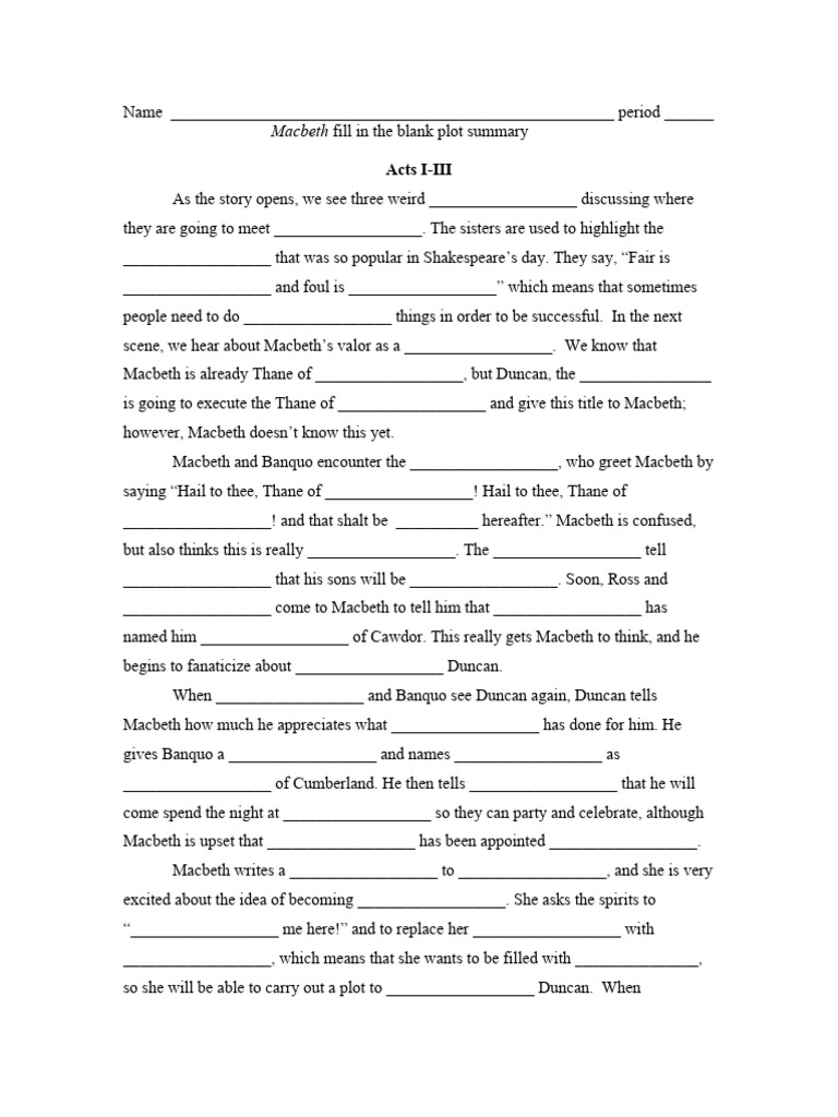 Macbeth Fill in The Blank Plot Summary | PDF | Macbeth
