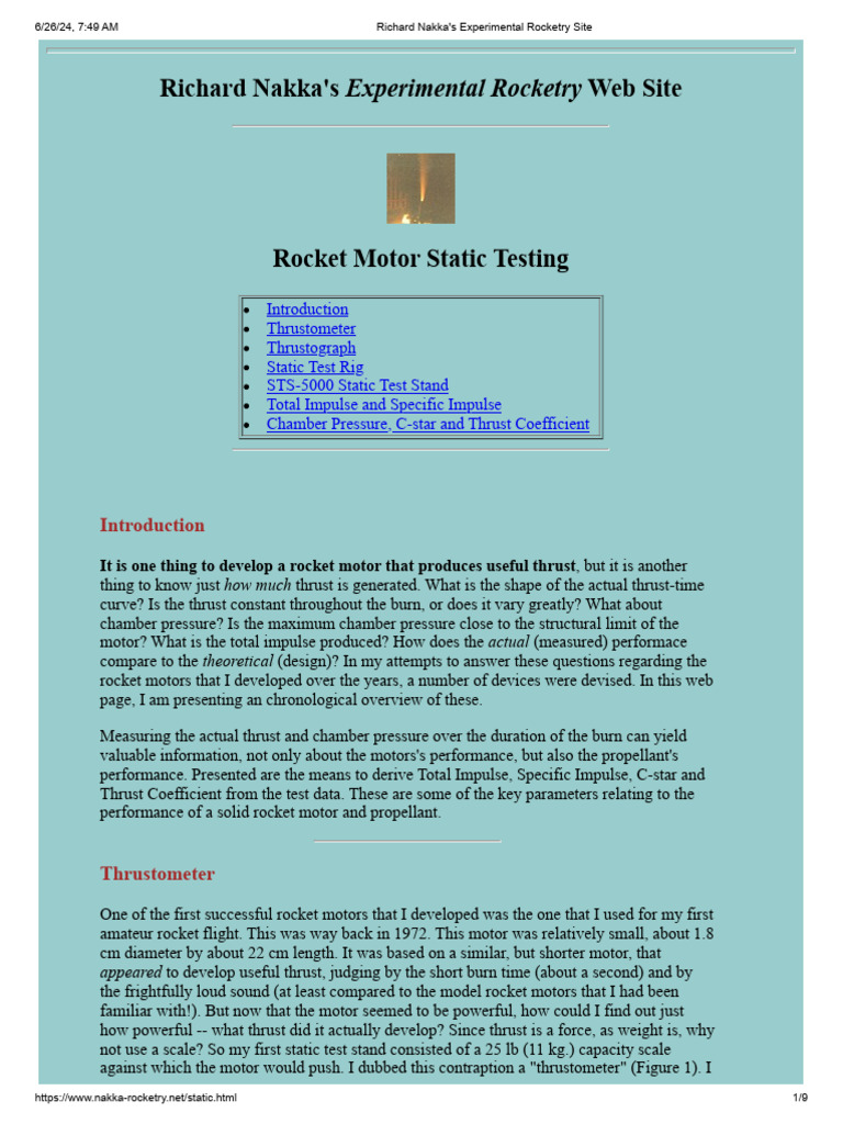 StaticFireRichard Nakka's Experimental Rocketry Site | PDF | Rocket | Rocket Engine