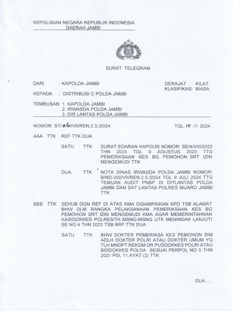 Surat Telegram Pelaksanaan Pemeriksaan Kesehatan Bagi Pemohon Surat Izin Mengemudi | PDF