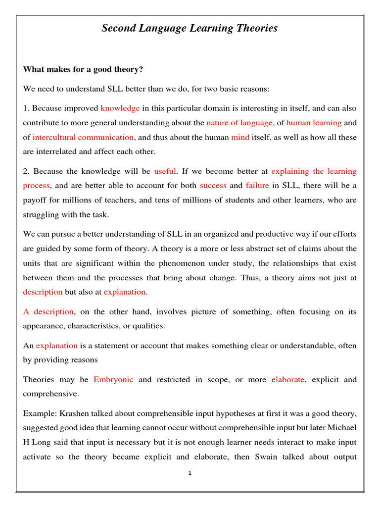 Second Language Learning Theories Explained | PDF | Language Acquisition | Learning
