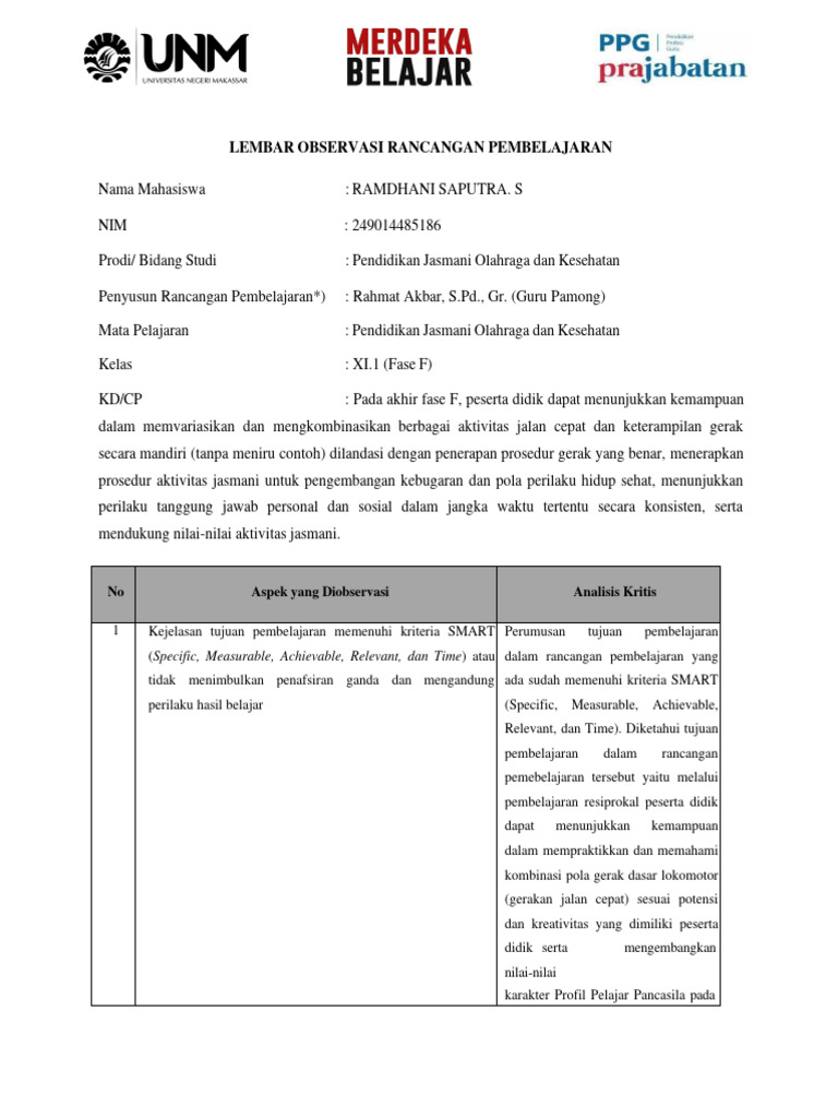 T.3 Lampiran 4. LK 3.1 Lembar Observasi Rancangan Pembelajaran | PDF | Karier & Perkembangan