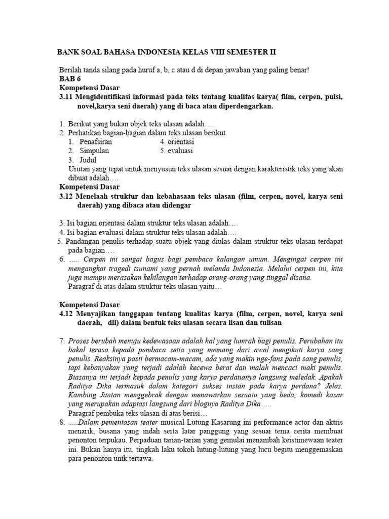 Bank Soal Kelas Viii Semester Ii B. Indonesia - T.A 2023-2024 | PDF | Seni & Disiplin Bahasa ...