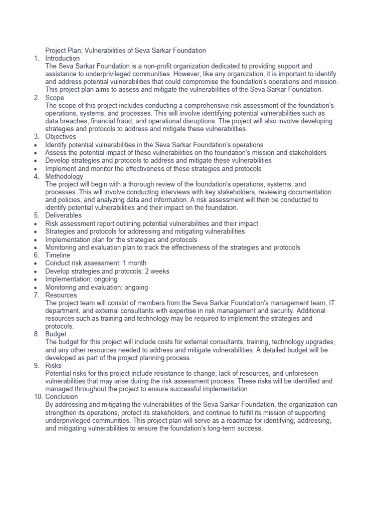 Project Plan | PDF | Vulnerability (Computing) | Risk Assessment