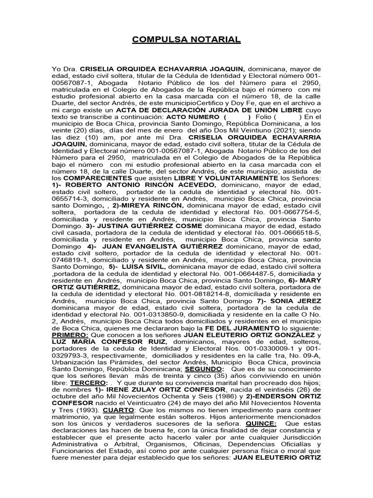 Compulsa Notarial Declaracion Jurada | PDF | República Dominicana