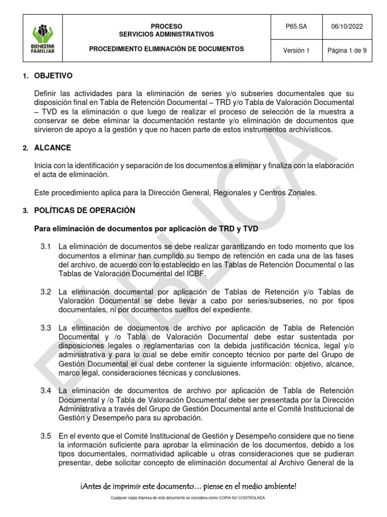 P65.sa Procedimiento Eliminacion de Documentos v1 | PDF | Gestión de ...