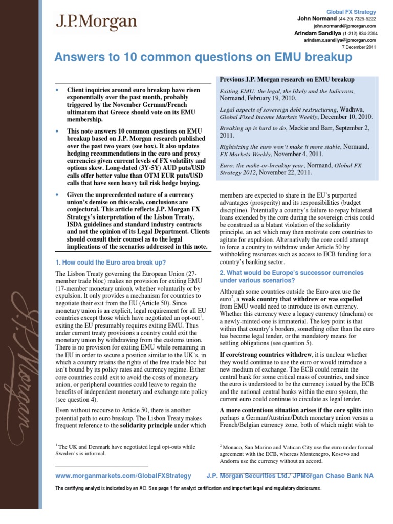 Answers To 10 Common Questions On EMU Breakup | PDF | Euro | Jp Morgan ...