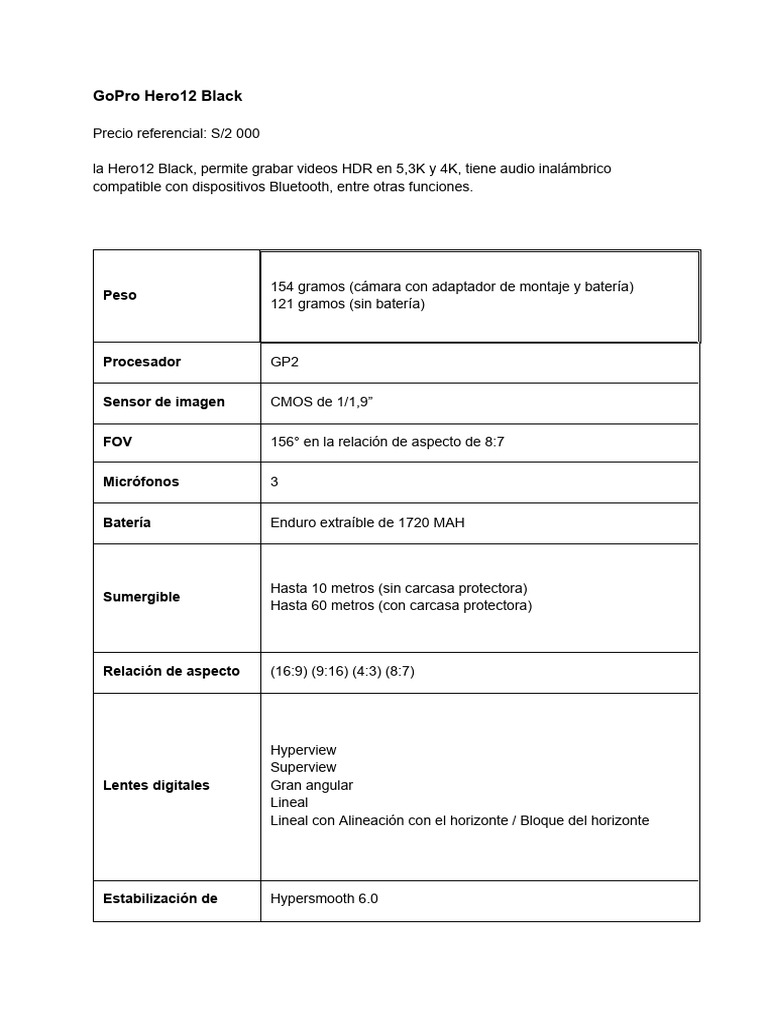 Especificaciones de Gopro y Drone | PDF | USB | Bluetooth