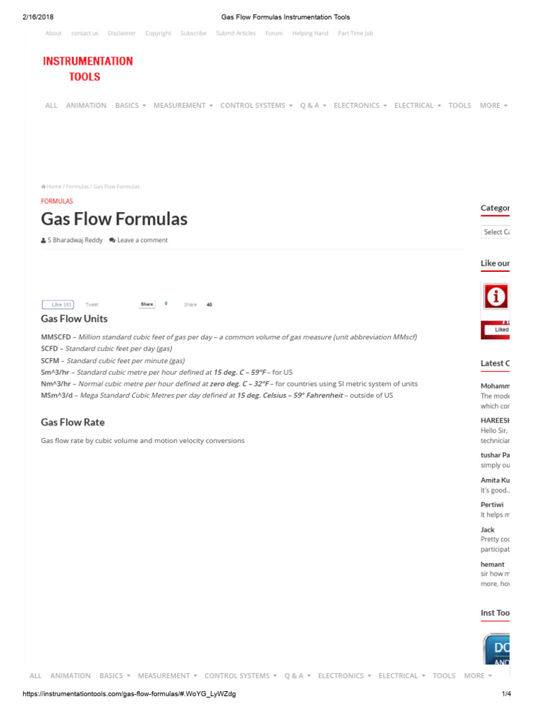 Gas Flow Formulas Instrumentation Tools | PDF | Gases | Metrology