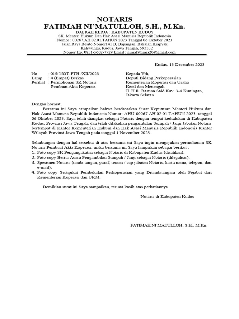 Permohonan SK Notaris Koperasi Kudus | PDF