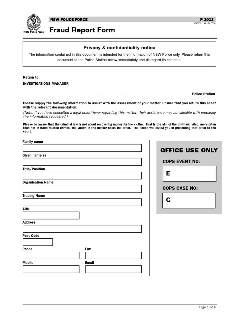 Fraud Report Form E C - NSW Police Force | PDF | Cheque | Police