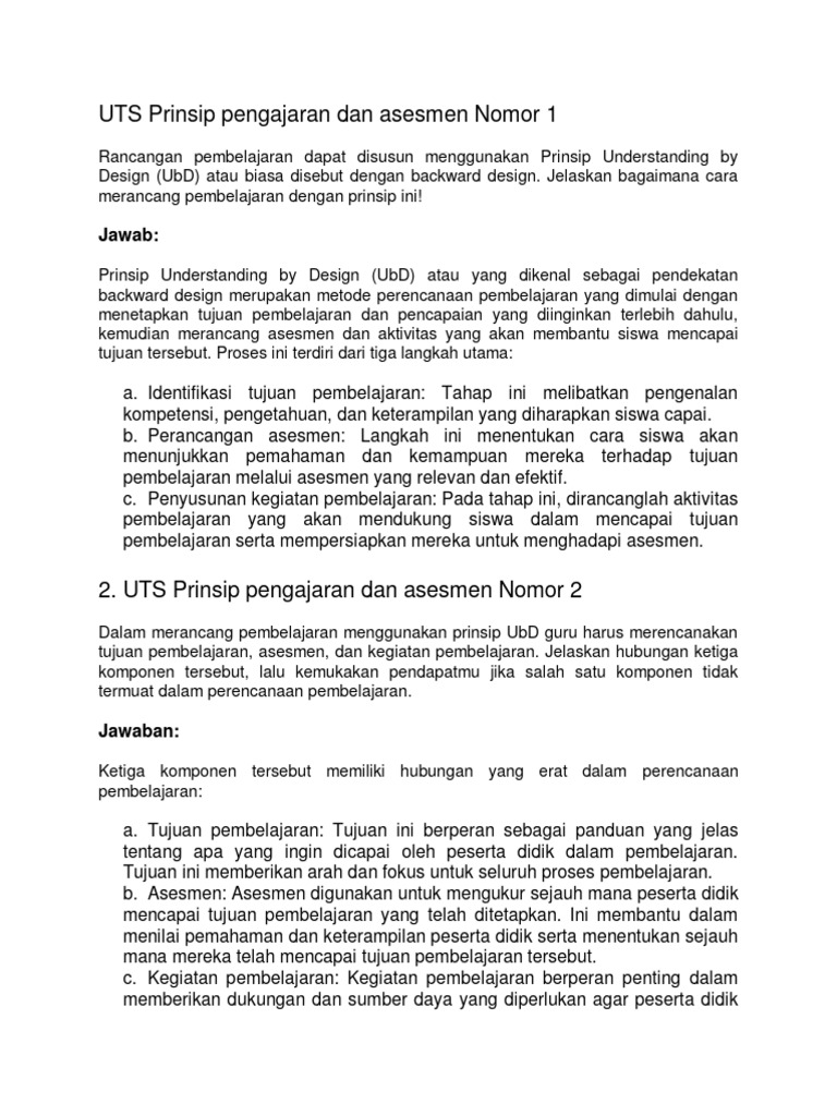 UTS Prinsip Pengajaran Dan Asesmen Nomor 1 | PDF