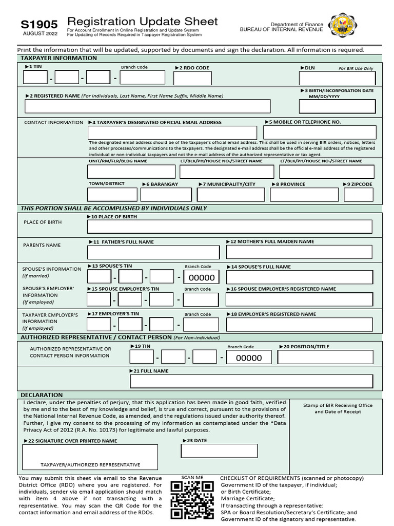 BIR S1905 - Registration Update Sheet | PDF | Government Finances ...