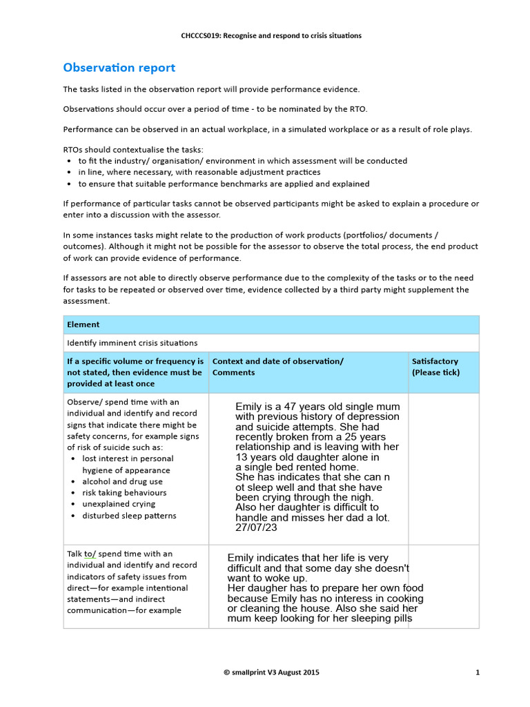 CHCCCS019 Observation Report | PDF | Feeling | Risk