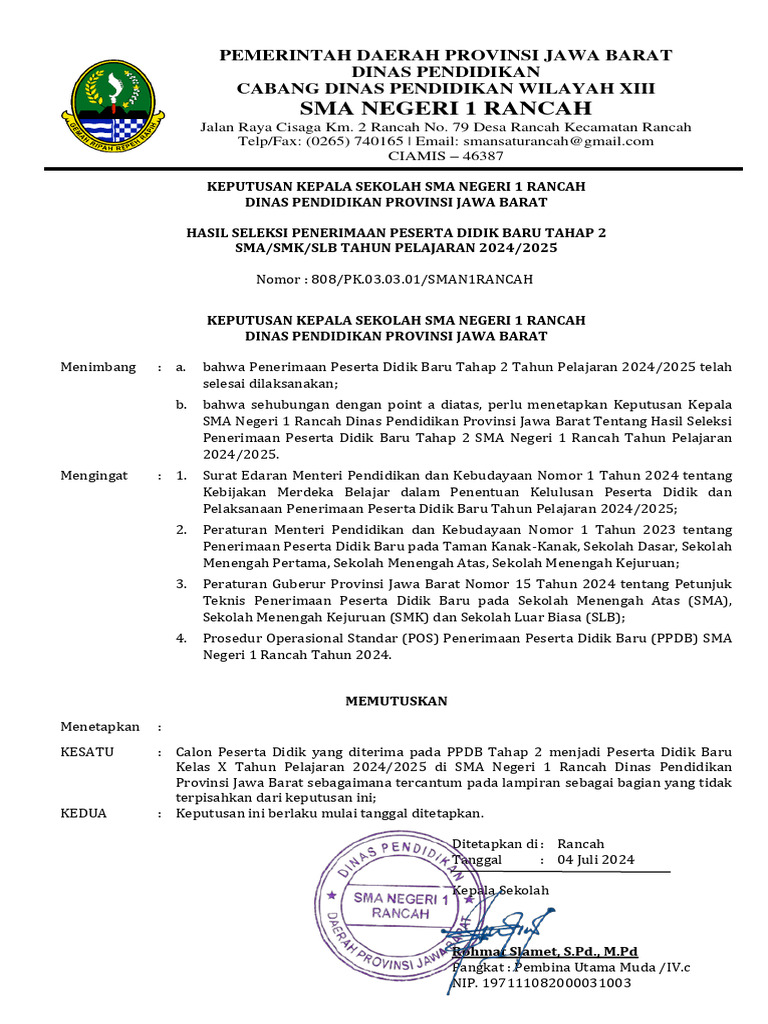 SK DAN BERITA ACARA FIX PPDB TAHAP 2 SMAN 1 RANCAH | PDF