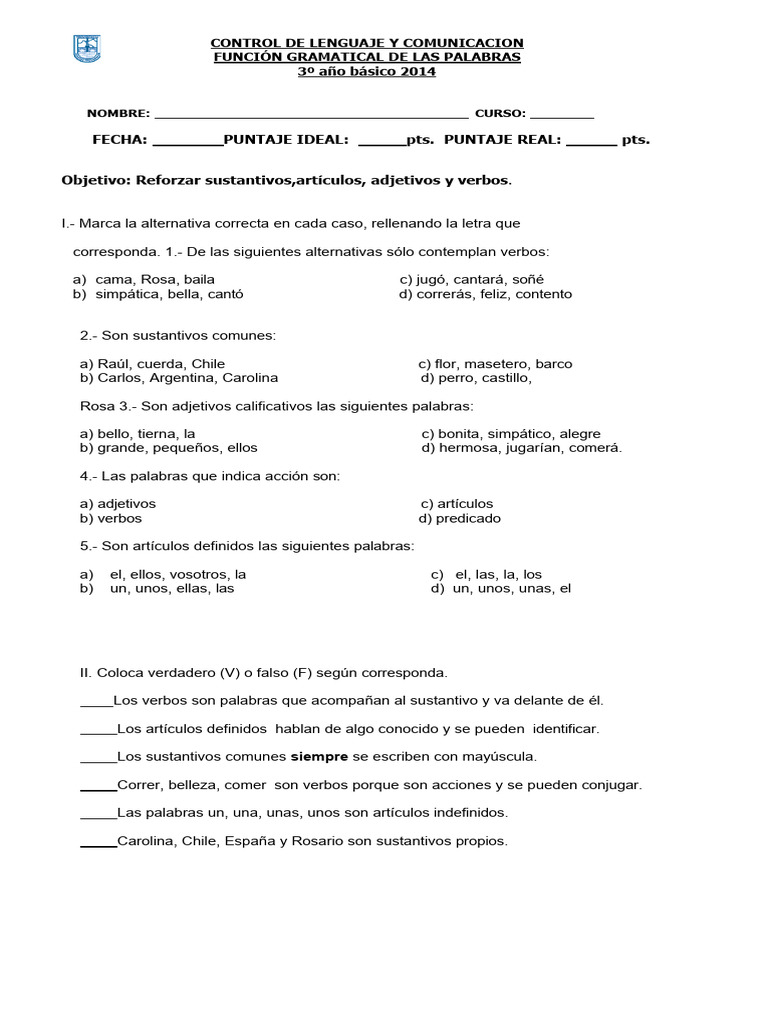 prueba-de-lenguaje-adjetivos-sustantivos-articulos-verbos | Descargar ...