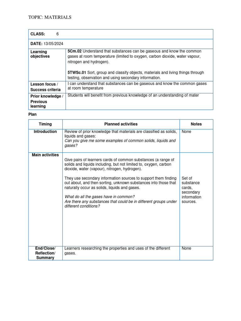 Lesson Notes For Standard 6 Science | PDF | Water | Solubility
