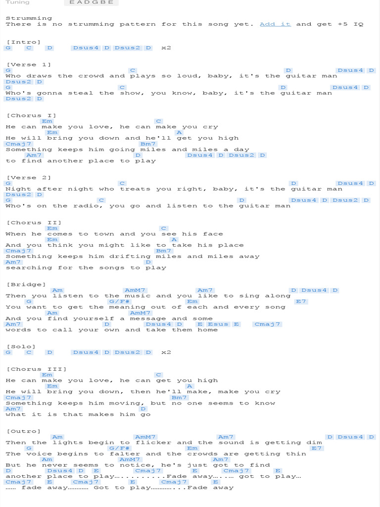 Guitar Man Lyrics and Chords Guide | PDF | Song Structure | Performing Arts