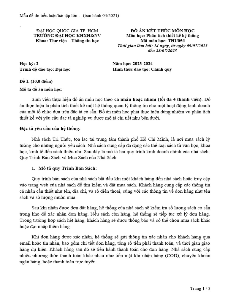 2023-2024 HK2 PTTKHT QLTT2022 DeThi | PDF