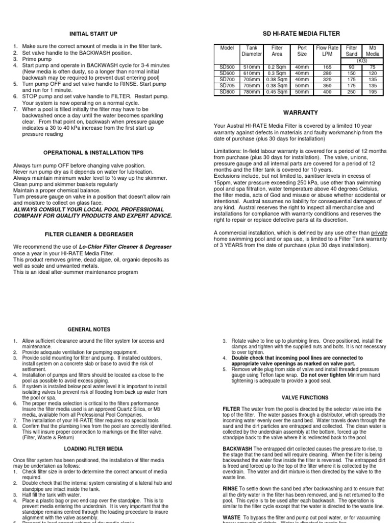 Austral Pool Pump - SD Instructions & Warranty Card | PDF | Filtration ...
