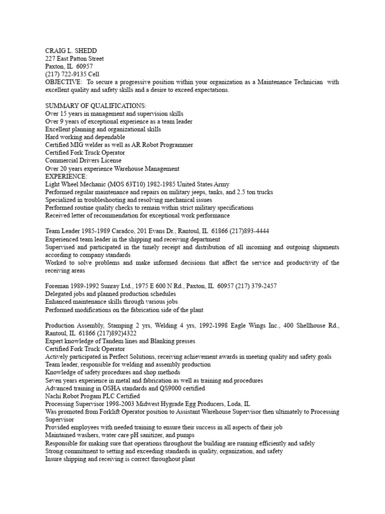 Craig's Resume Updated | PDF | Forklift