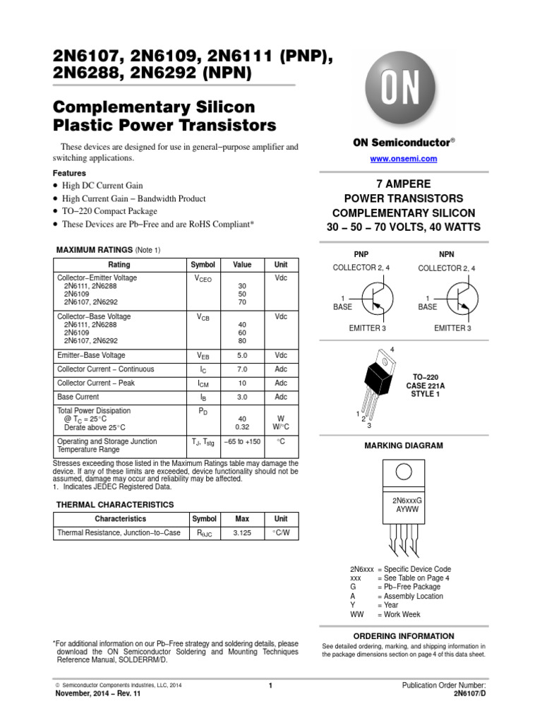 2N6107, 2N6109, 2N6111 (PNP), 2N6288, 2N6292 (NPN) Complementary ...