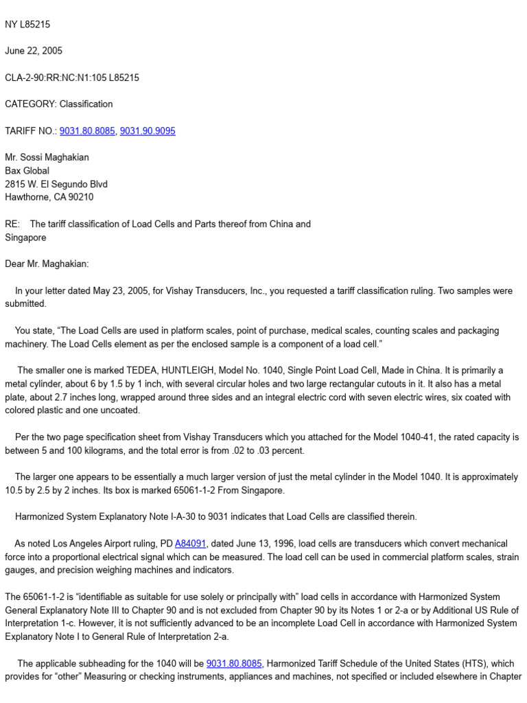 CROSS Ruling L85215 | PDF | Manufactured Goods