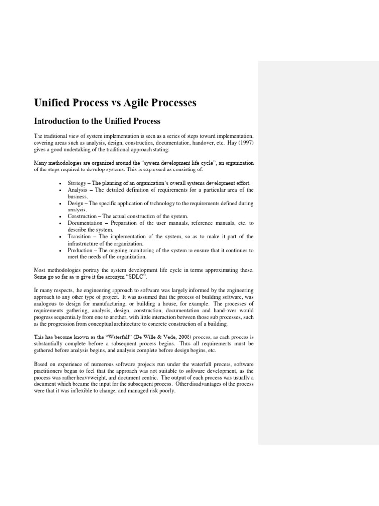 Unified Process vs Agile Methodologies | PDF | Agile Software ...
