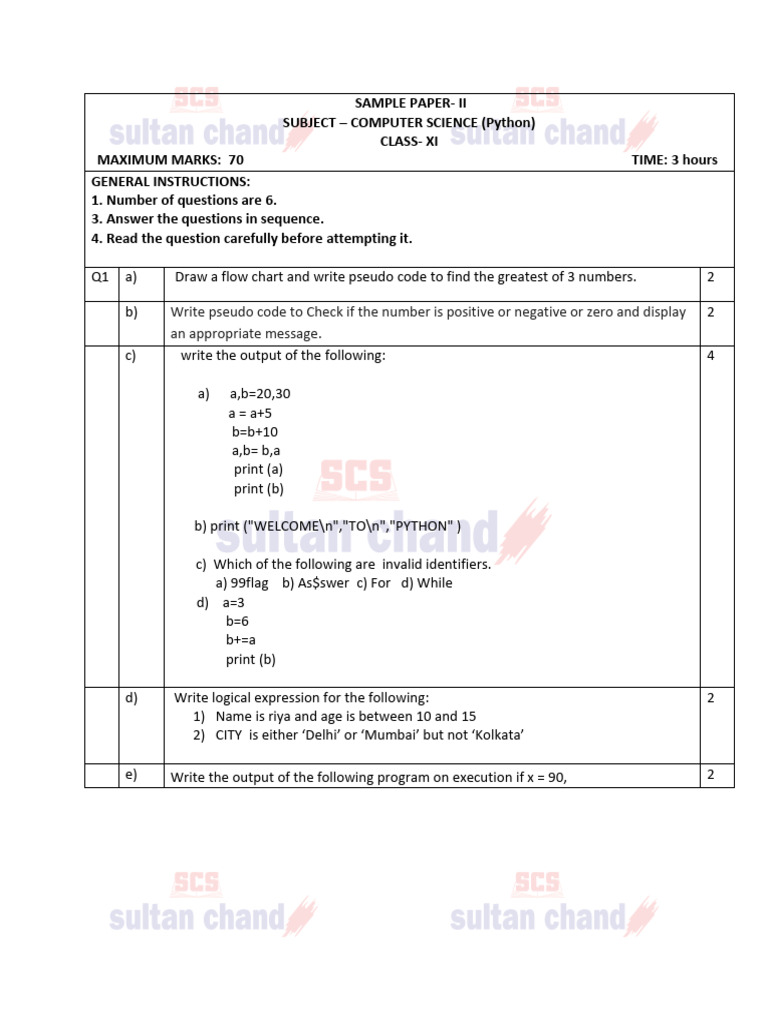 Computer Science Class 11 - Sultan Chand - SamplePaper2 | PDF | Computing | Computer Programming