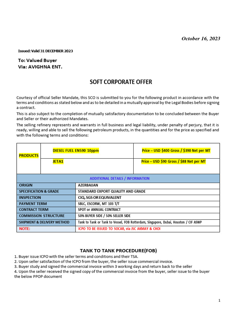 SCO - EN590 FOB&CIF - SOCAR - Valid Till Dec'23 | PDF | Letter Of Credit