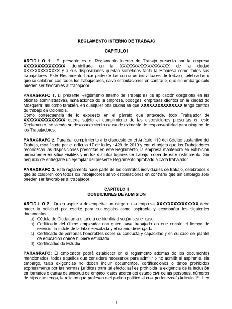 FORMATO REGLAMENTO INTERNO DE TRABAJO (Autoguardado) | PDF | Salario | Tiempo de trabajo