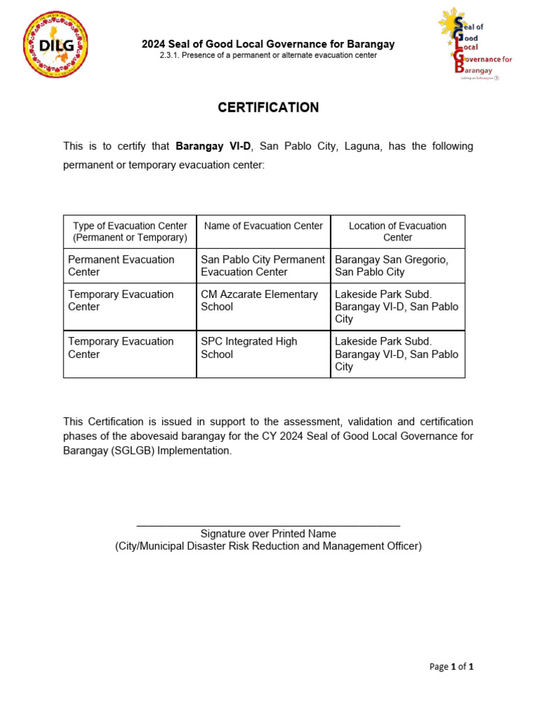 2.3.1 Certification Evacuation Center | PDF
