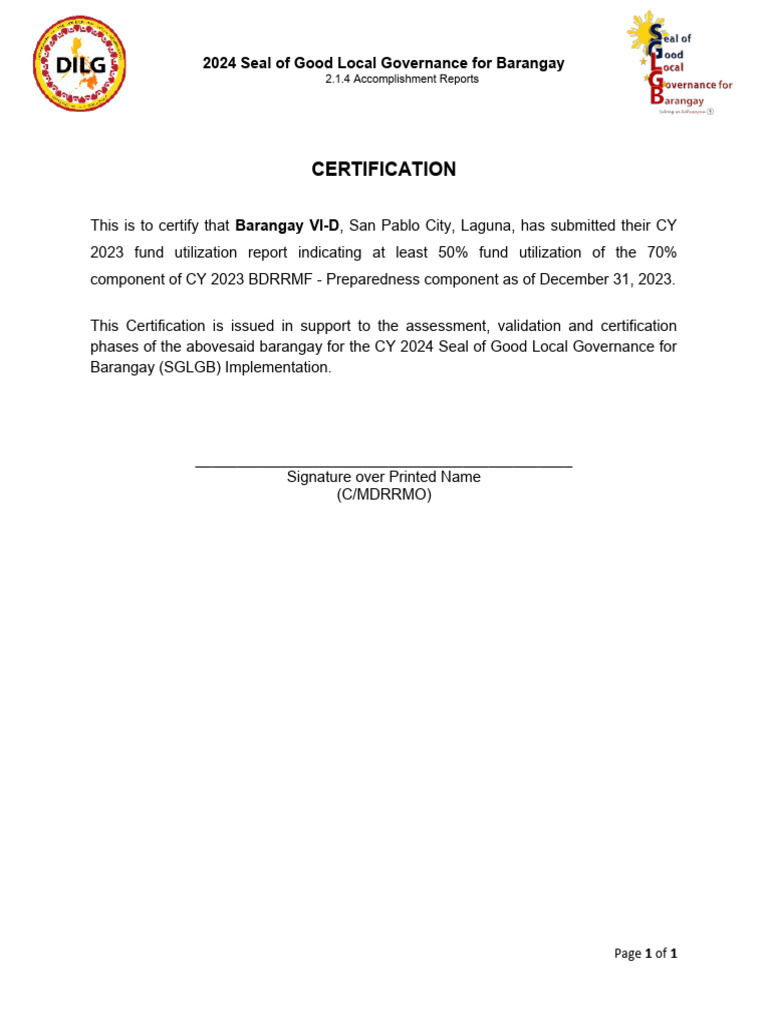 2 1 4 2-Certification-BDRRM-utilization | PDF | Finance & Money Management