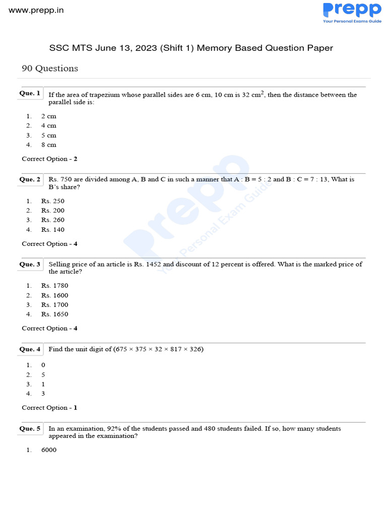 SSC MTS Exam: Math & Reasoning Quiz | PDF | Finance & Money Management ...