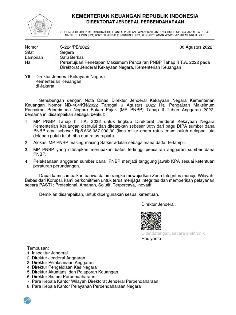 S-224 - PB - 2022 Persetujuan Penetapan MP PNBP Tahap II TA 2022 Pada ...