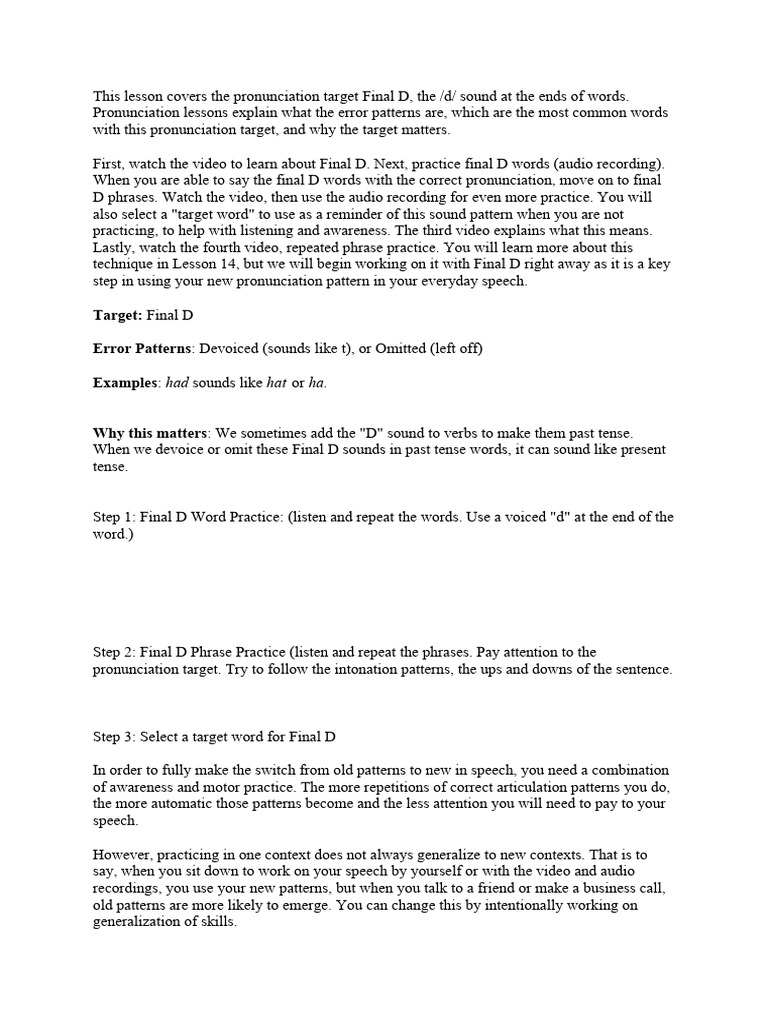 1 Lesson 3 Final D (Pronunciation Target) | PDF | Speech | Grammatical ...