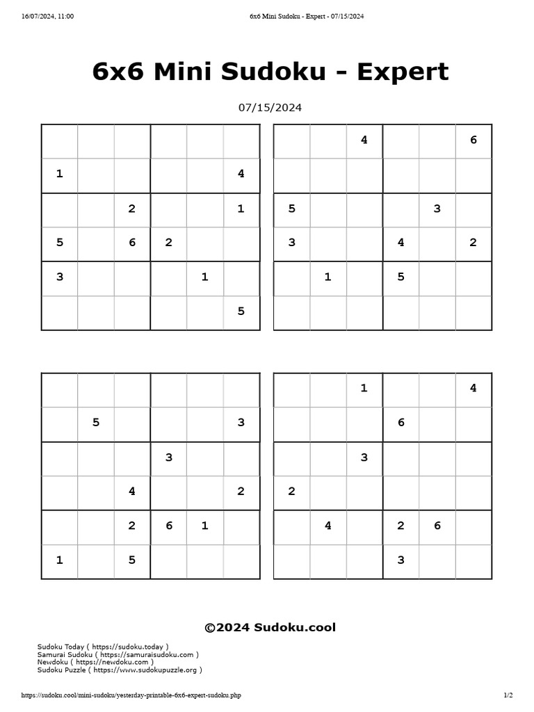 6x6 Mini Sudoku - Expert - 07 - 15 - 2024 | PDF | Logic Puzzles | Puzzles