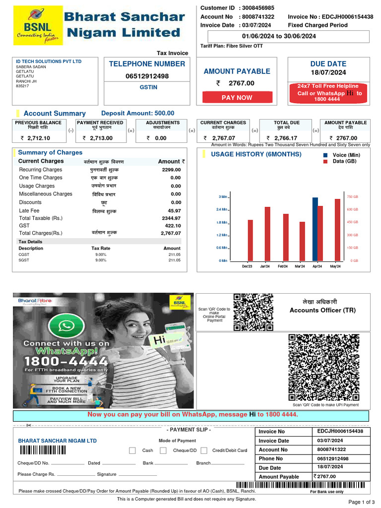 R-03 Internet Bill Jun'24 (Connection - 02) | PDF | Cheque | Payments