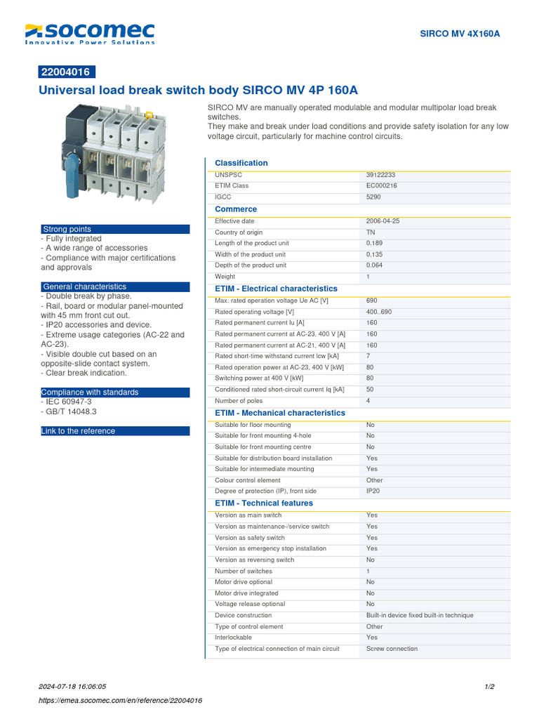 Sirco MV 4x160a 22004016 | PDF | Switch | Components