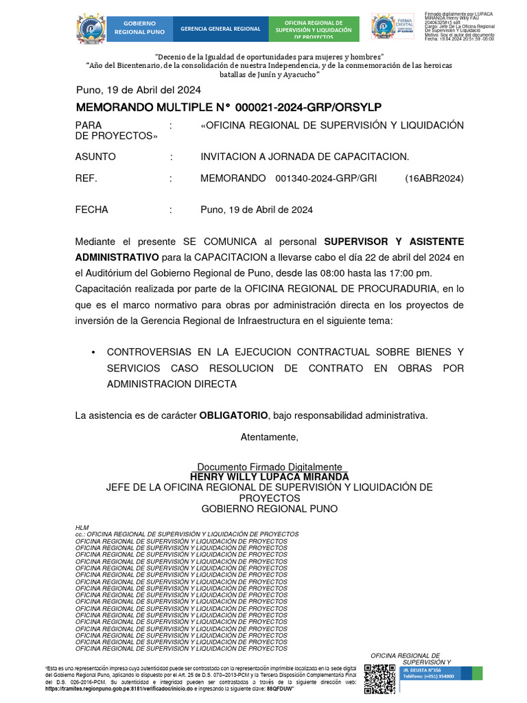 MEMORANDO MULTIPLE-000021-2024-ORSYLP Asistencia A Capacitacion | PDF ...