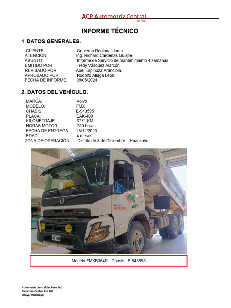 Informe Técnico de Servicio de Mantenimiento 4 Semanas. E-943595. Gobierno Regional Junín | PDF ...