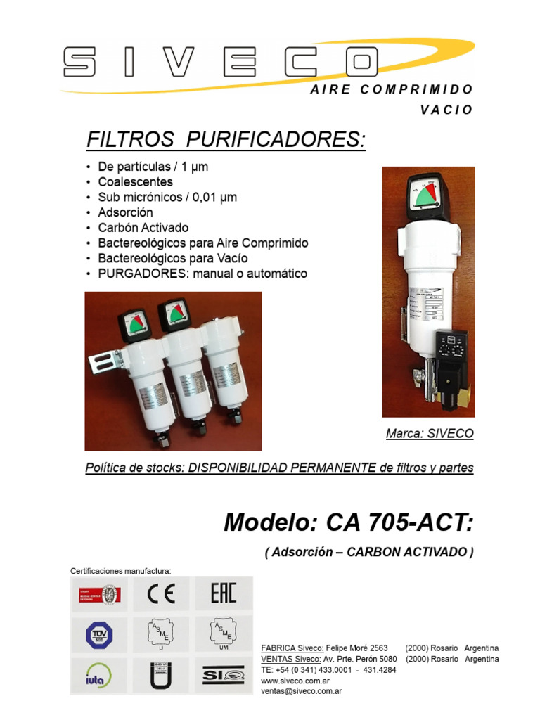Data Sheet - Manual Filtros SIVECO - Modelo CA 705-ACT | PDF ...