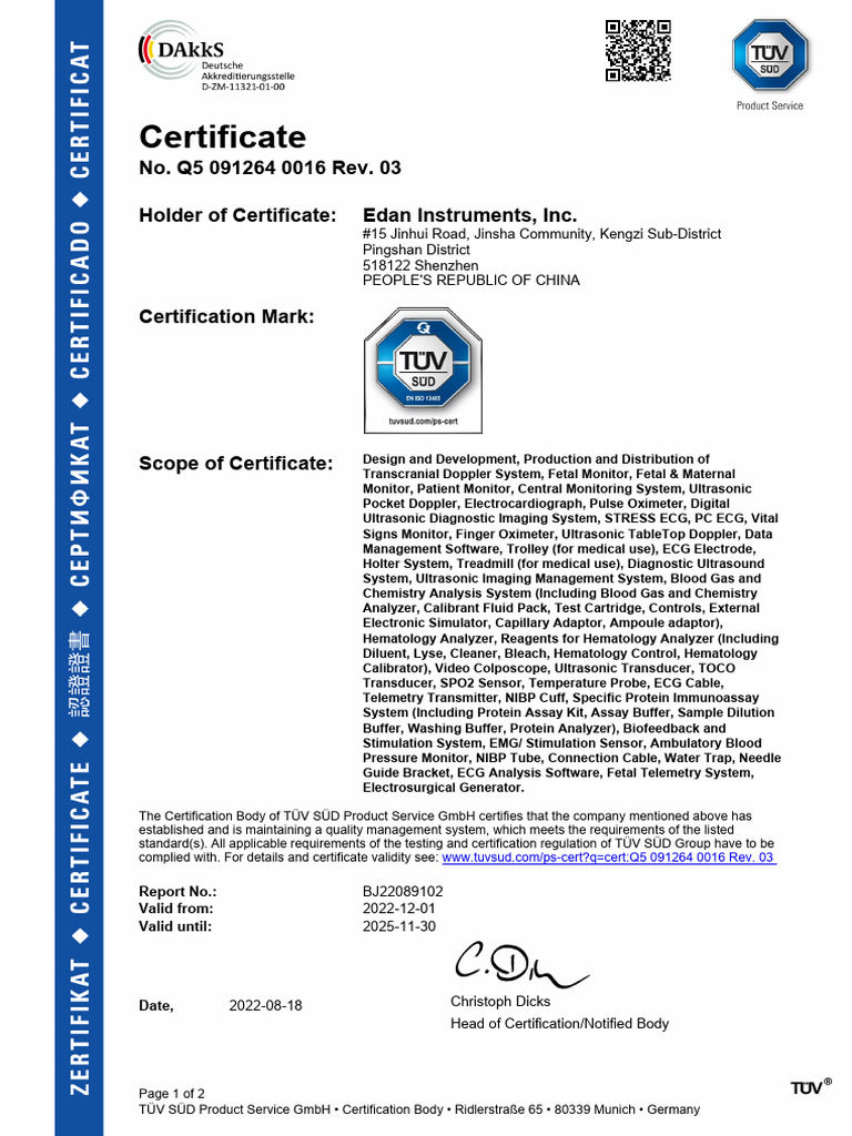 Certificate: No. Q5 091264 0016 Rev. 03 Holder of Certificate: Edan ...