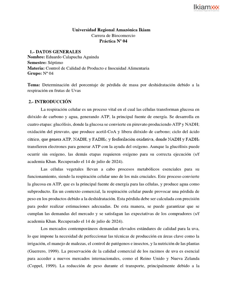 Informe Deshidratación Fruta | PDF | Respiración celular | Trifosfato de adenosina