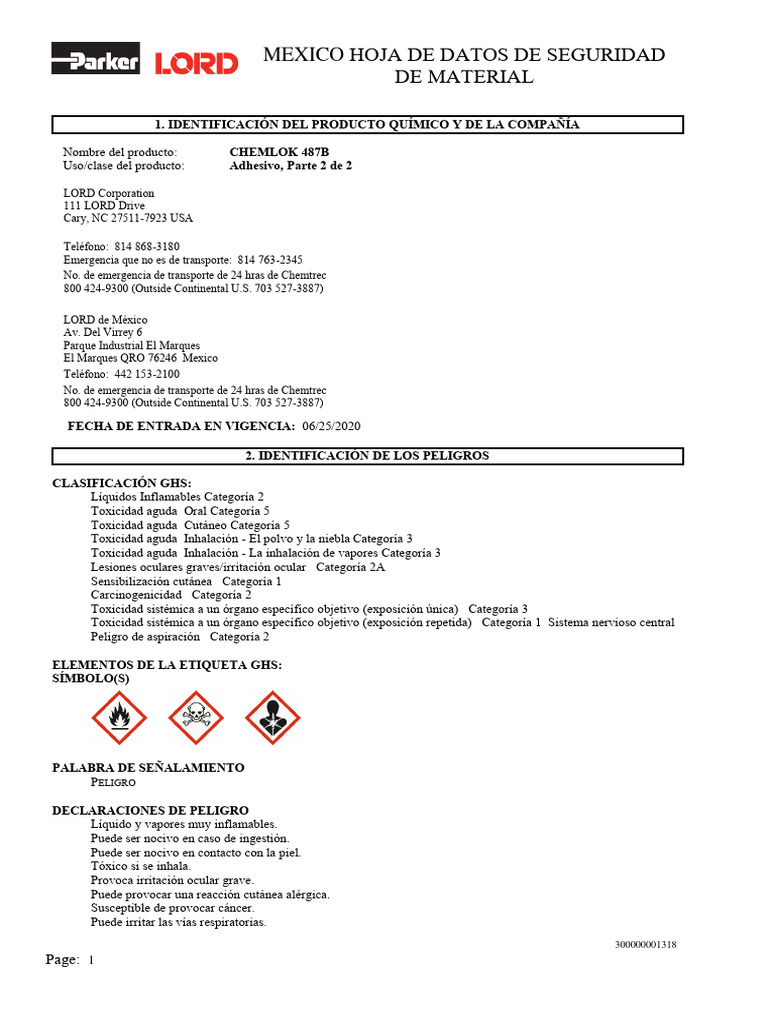 MSDS Chemlok 487 B - Español | PDF | Agua | Primeros auxilios
